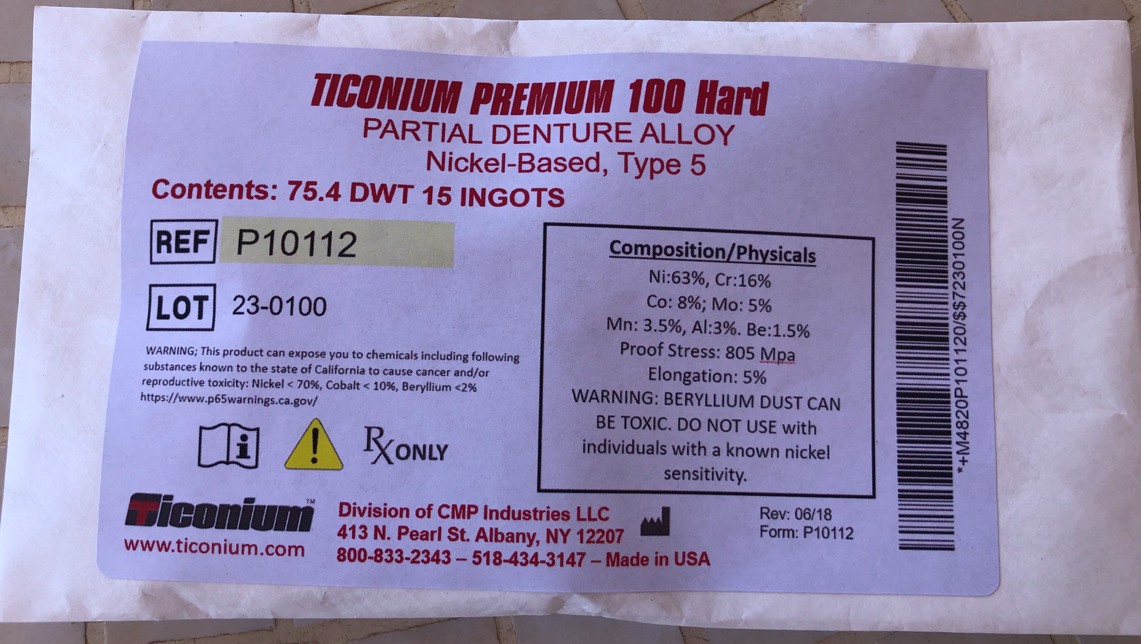 Ticonium Premium 100 HARD - Partial Denture Alloy – Consolidated Metal ...