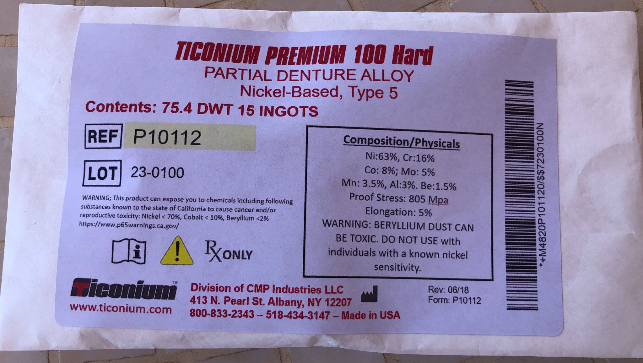 Ticonium Premium 100 HARD - Partial Denture Alloy – Consolidated Metal ...